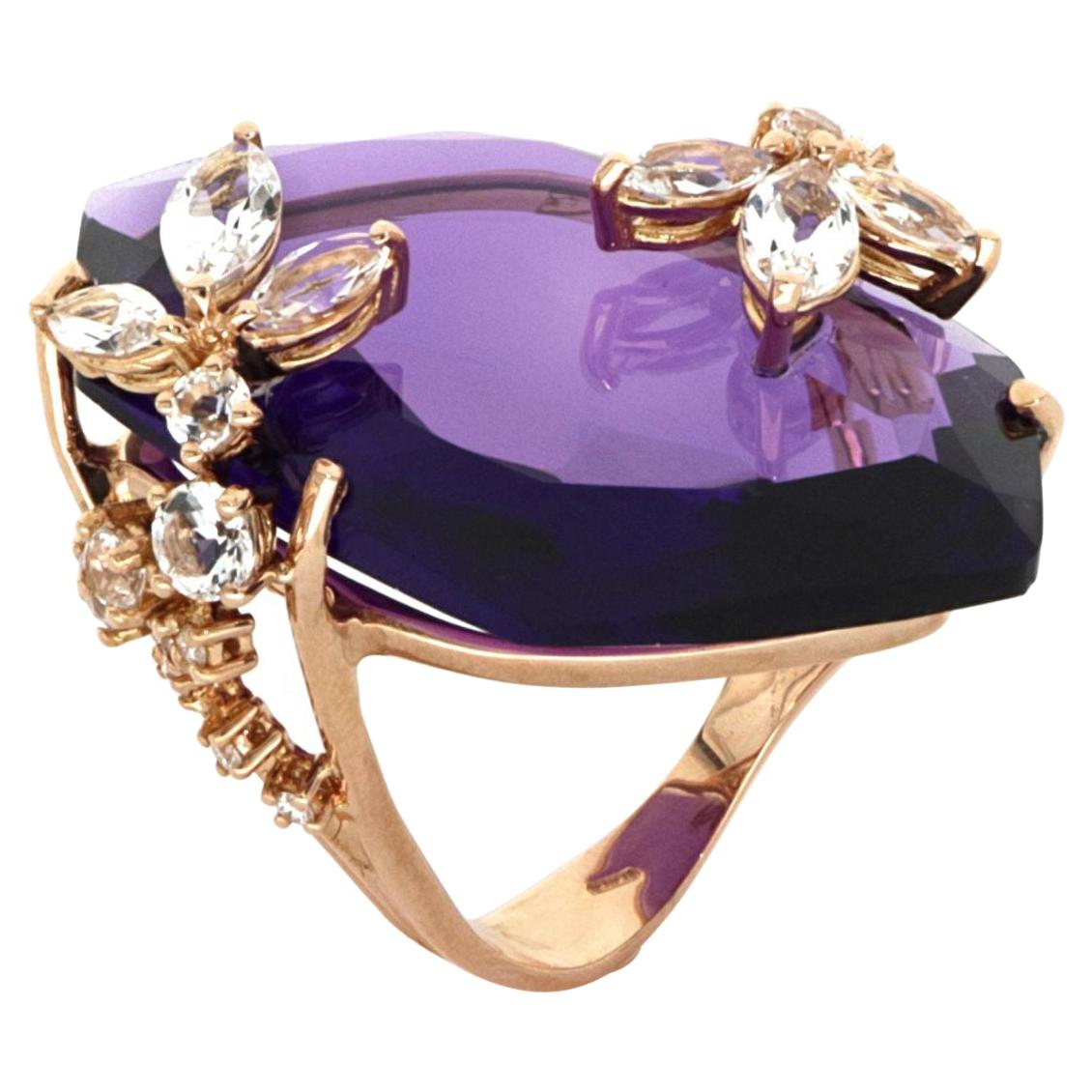 Customizable 18kt White and Rose Gold Moon Purple Amethyst Big Ring Enriched with Diamonds For ...