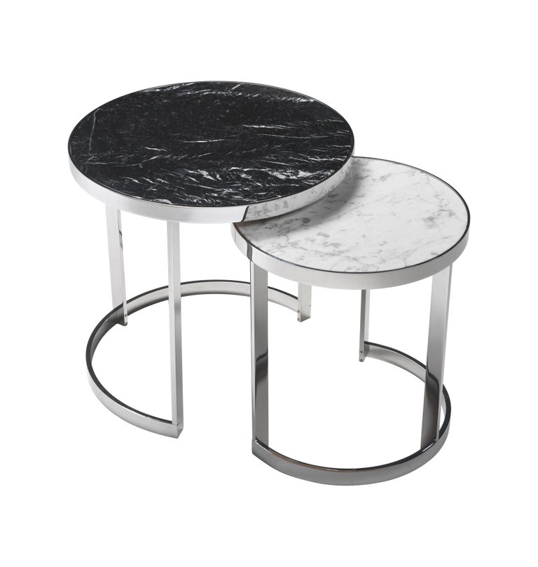 Moon Set of Two Side Tables with Metal Chrome Base and Marble Top by ...