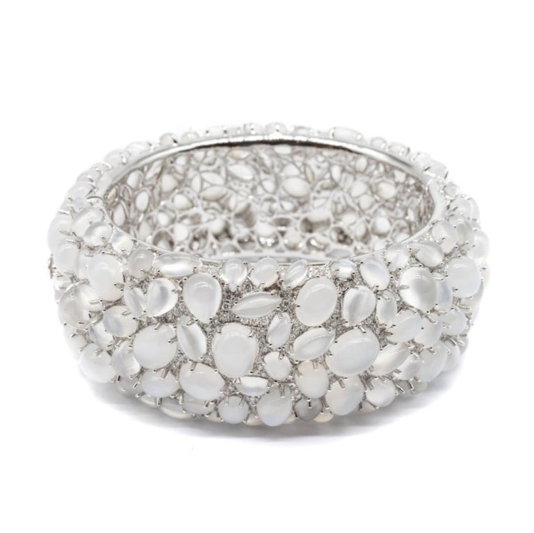 Moonstone and Diamond White Gold Bangle Bracelet For Sale at 1stDibs