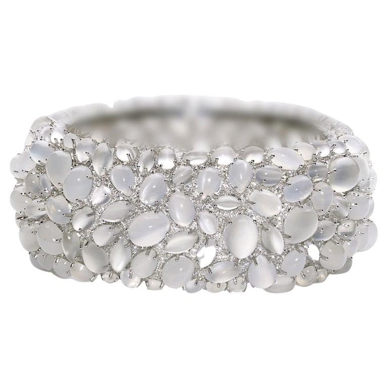 Moonstone and Diamond White Gold Bangle Bracelet For Sale at 1stDibs