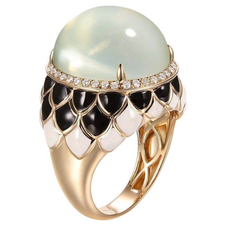MoonStone Diamond Black Enamel Cocktail Ring in 14 Karat Yellow Gold ...