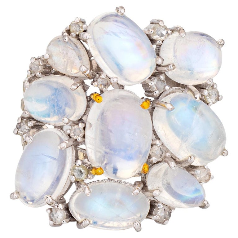 Moonstone Diamond Mosaic Ring Estate 14k White Gold Square Cocktail ...