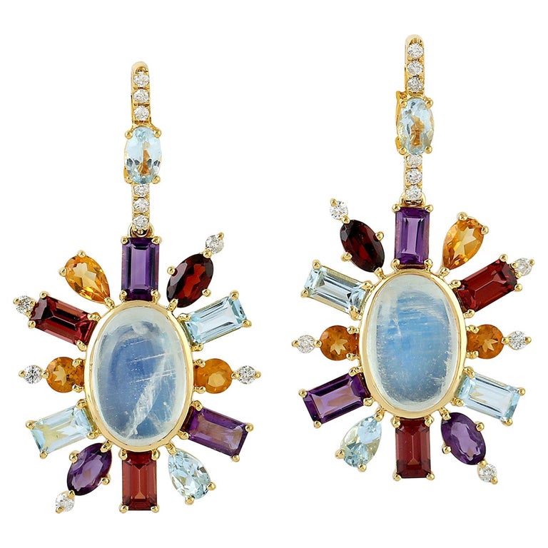Moonstone Garnet Diamond 18 Karat Gold Earrings For Sale at 1stDibs