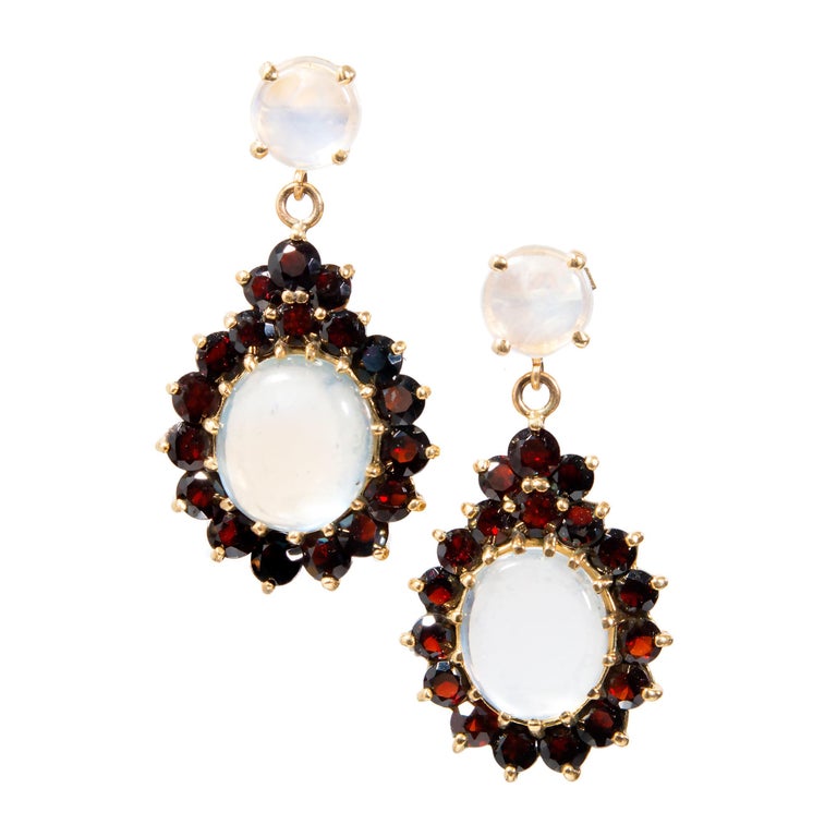 Moonstone Garnet Halo Gold Dangle Earrings For Sale at 1stDibs
