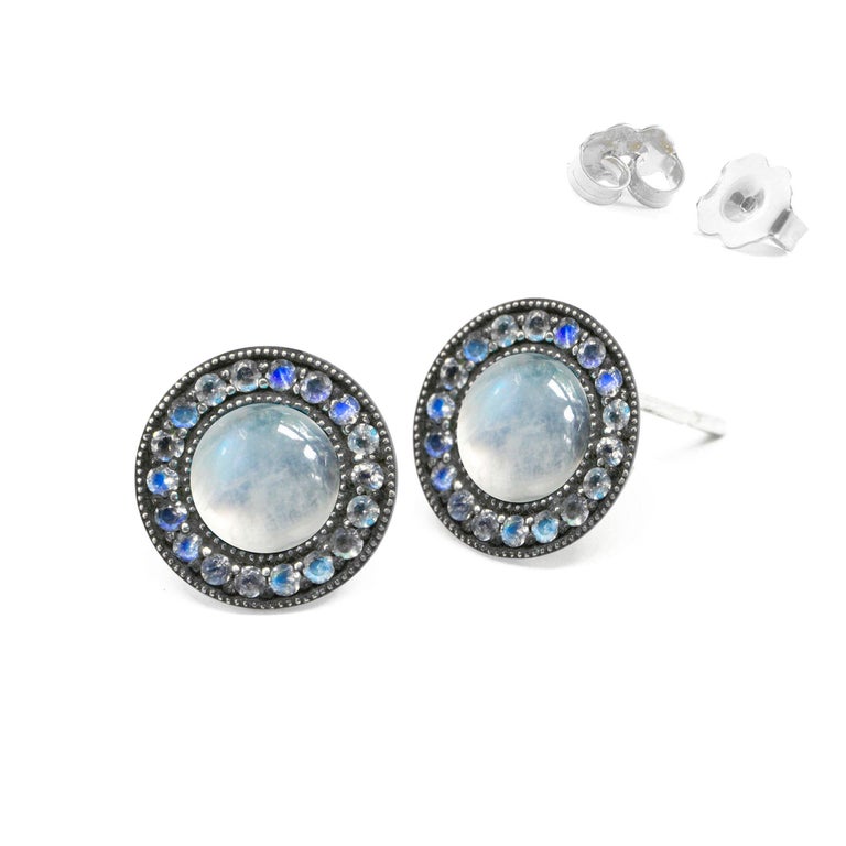 Moonstone Orbit Moonstone Oxidized Stud Earrings For Sale at 1stDibs