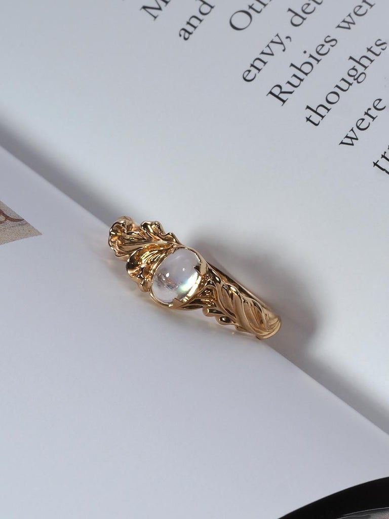 Moonstone Gold Ring Natural Clear Gem Blue Art Nouveau style Engagement ...