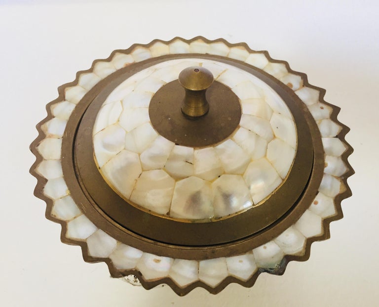 Moorish Brass and Mother-of-Pearl Footed Container with Lid at 1stDibs