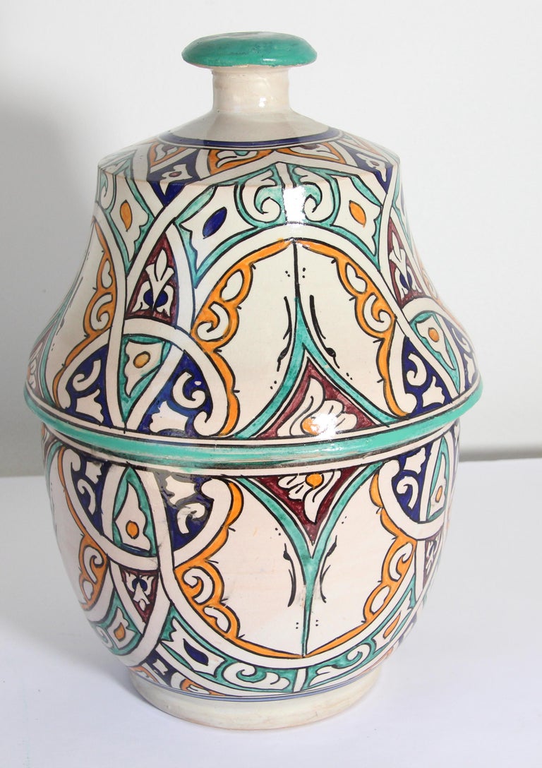Moorish Ceramic Glazed Covered Jar Handcrafted in Fez Morocco at 1stDibs