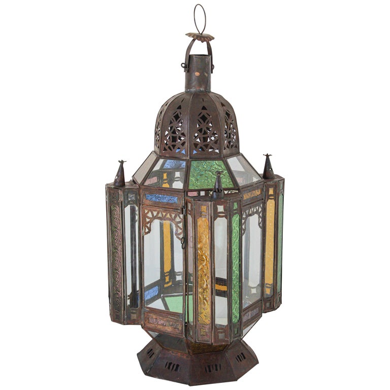 Moorish Moroccan Metal and Glass Candle Lantern at 1stDibs