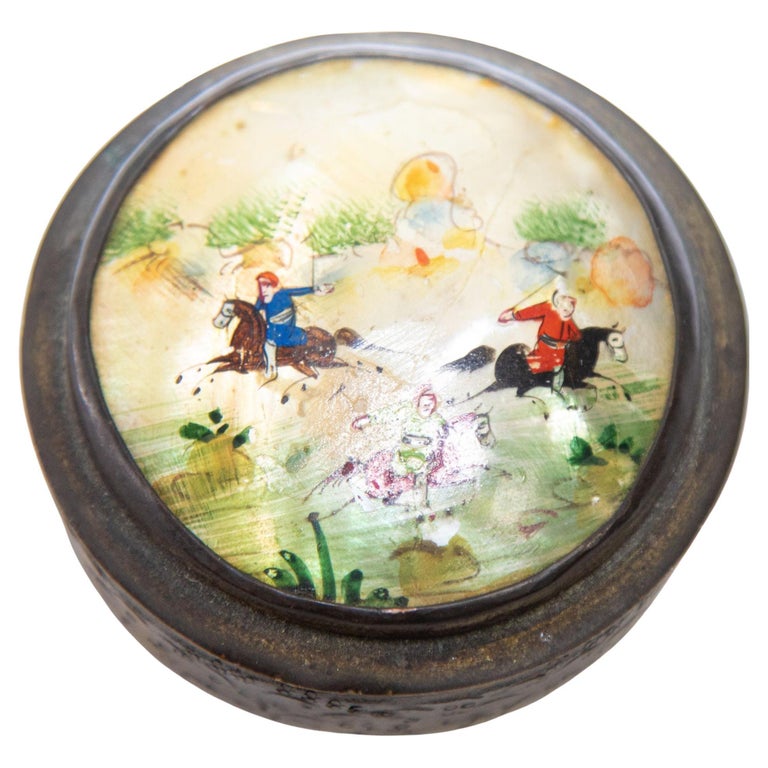 Moorish Round Brass Pill Box with Miniature Persian Painting For Sale ...