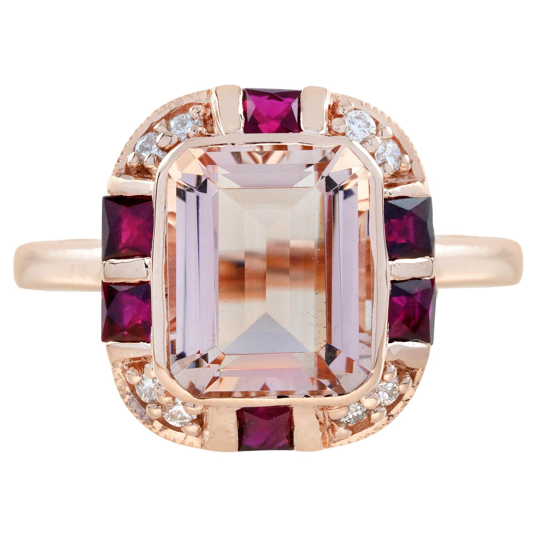 Morganite Ruby Diamond Art Deco Style Ring in 14K Rose Gold For Sale at ...