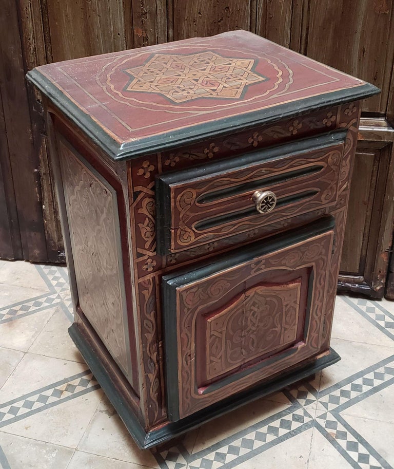 Moroccan Antique Wooden Nightstand, Hand Painted For Sale at 1stDibs