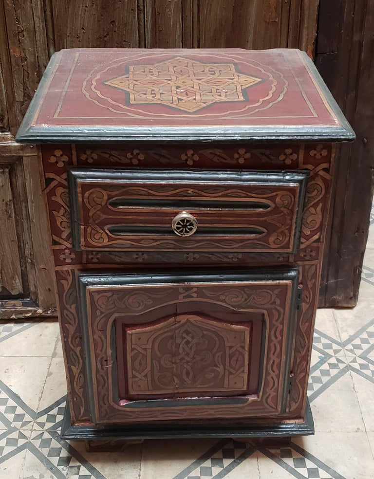 Moroccan Antique Wooden Nightstand, Hand Painted For Sale at 1stDibs