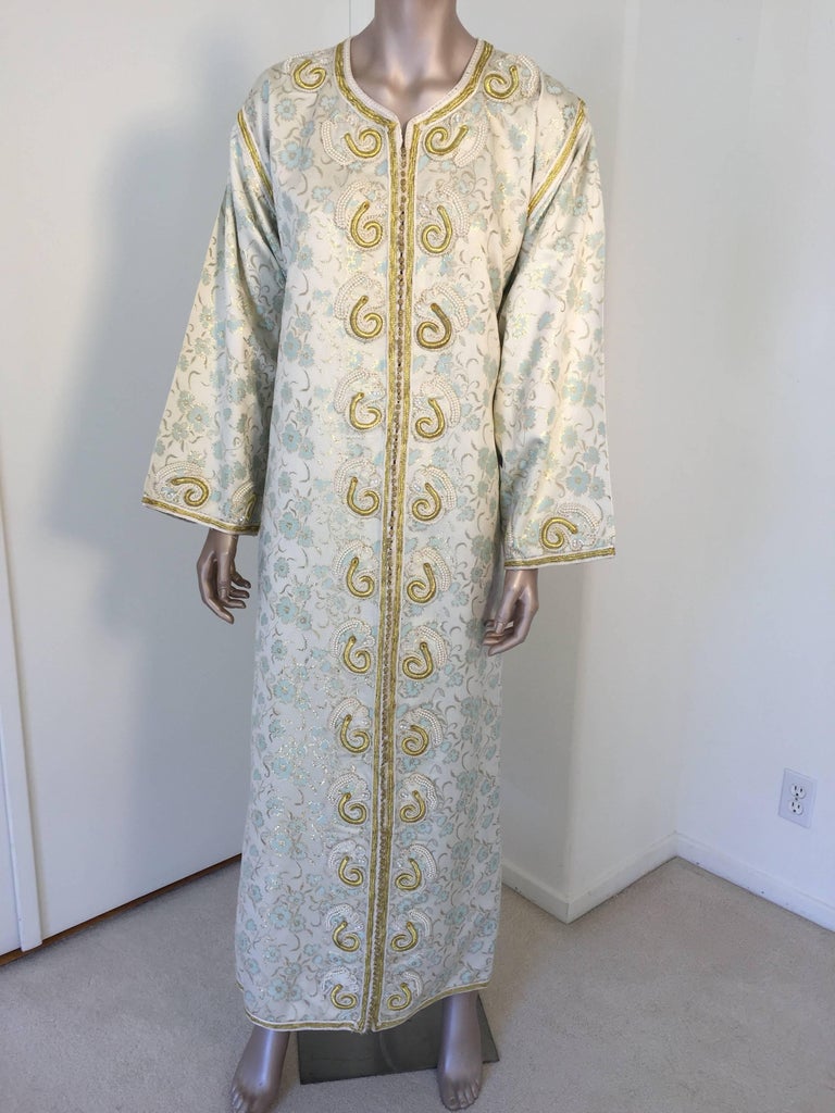 Moroccan Caftan, White Floral Brocade Kaftan Embroidered with Gold ...