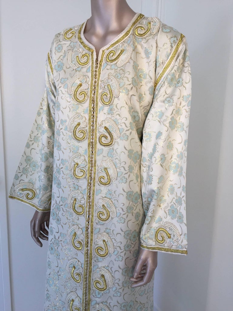 Moroccan Caftan, White Floral Brocade Kaftan Embroidered with Gold ...