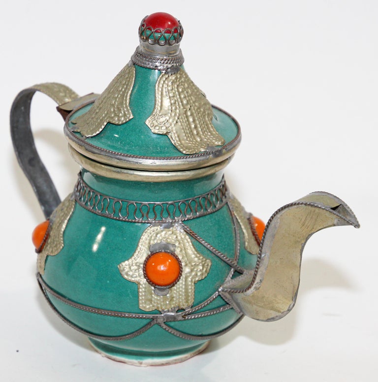 Moroccan Ceramic and Silver Filigree Decorative Tea Pot For Sale at ...