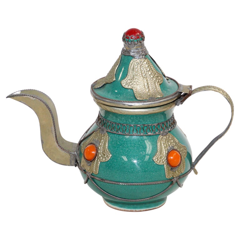 Moroccan Ceramic and Silver Filigree Decorative Tea Pot For Sale at ...
