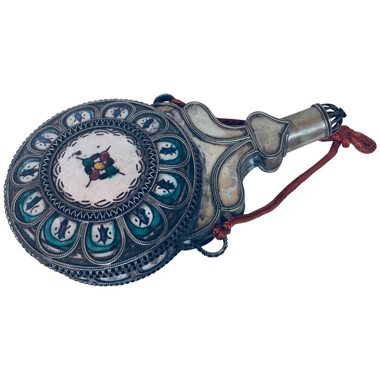 Moroccan Ceramic Flask Bottle from Fez with Silvered Filigree For Sale ...