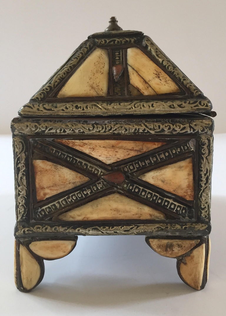 Moroccan Decorative Jewelry Box Inlaid with Bone and Silvered Brass at ...