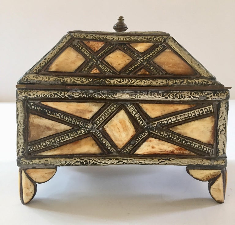 Moroccan Decorative Jewelry Box Inlaid with Bone and Silvered Brass at ...