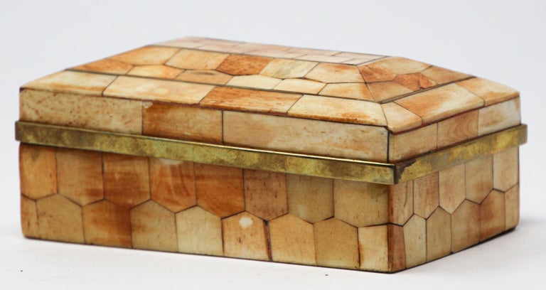 Moroccan Decorative Trinket Box Inlaid with Bone and Brass at 1stDibs