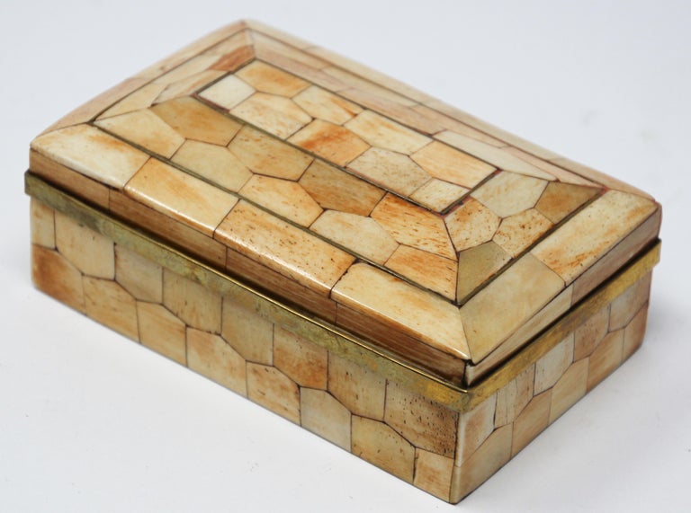 Moroccan Decorative Trinket Box Inlaid with Bone and Brass at 1stDibs