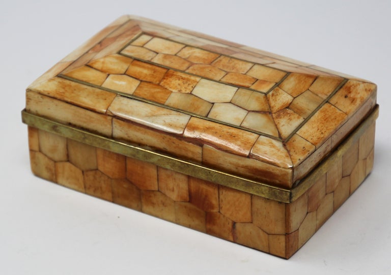 Moroccan Decorative Trinket Box Inlaid with Bone and Brass at 1stDibs