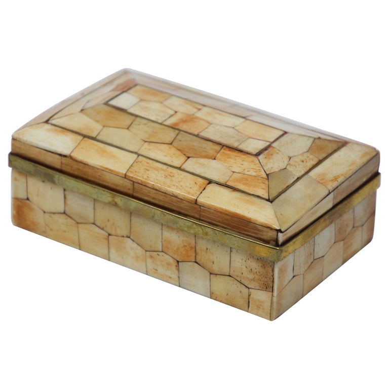 Moroccan Decorative Trinket Box Inlaid with Bone and Brass at 1stDibs