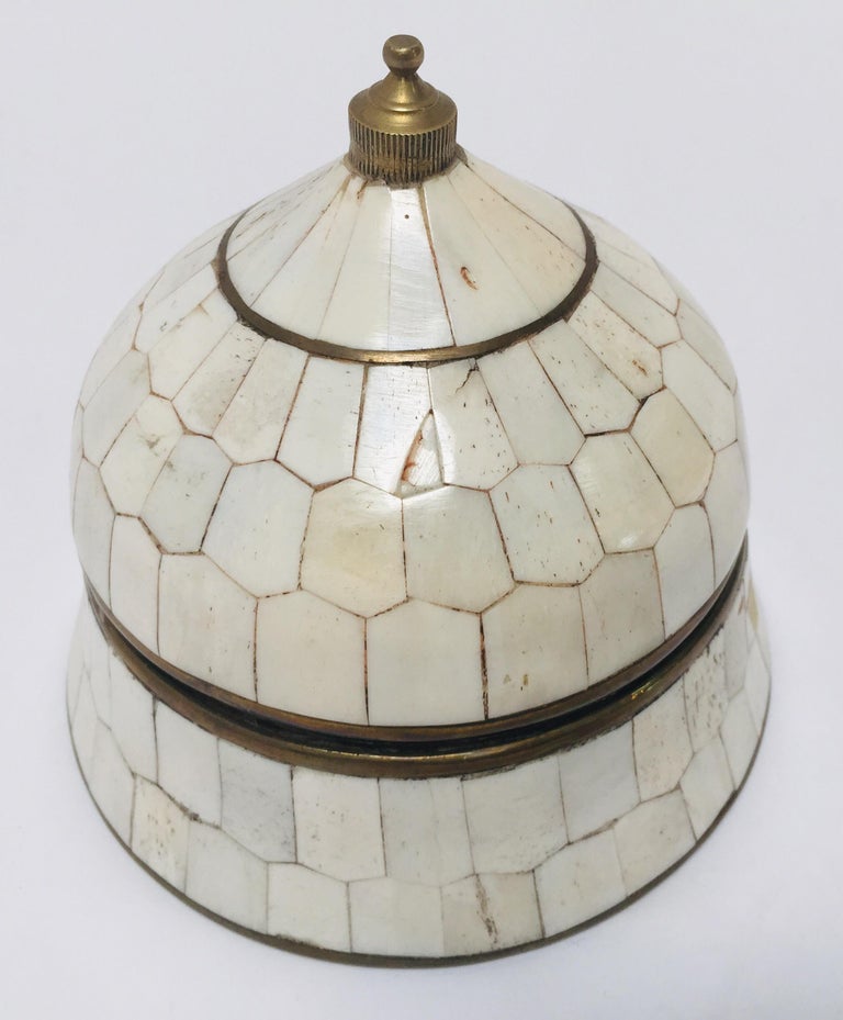 Moroccan Decorative Trinket Box Inlaid with White Bone and Brass at 1stDibs