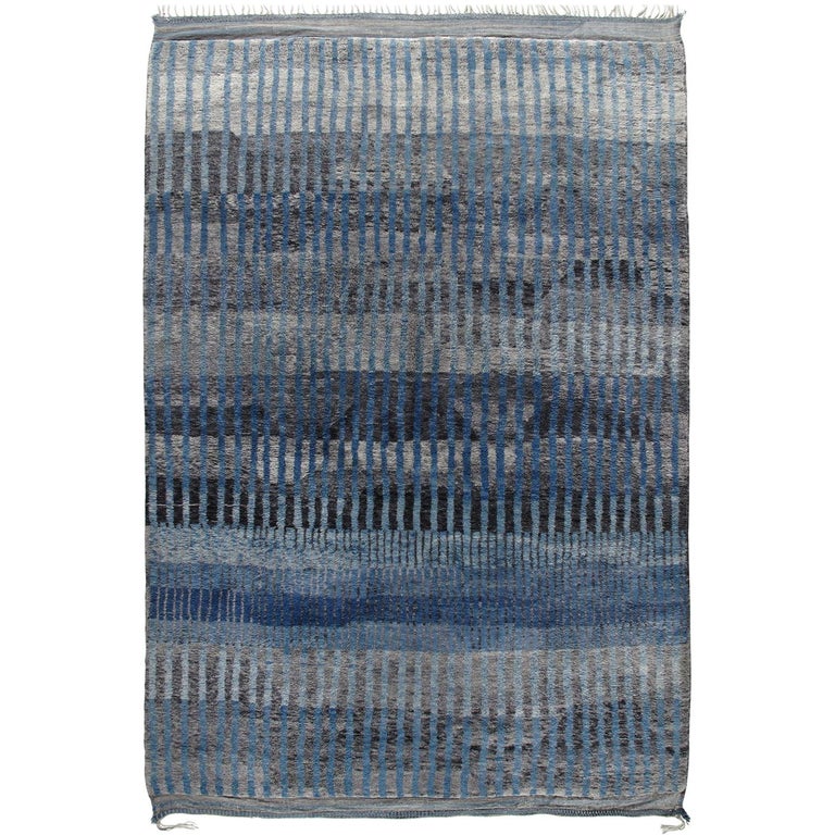 Moroccan Hand Knotted Abstract Charcoal and Blue Rug For Sale at 1stDibs