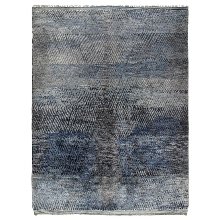 Moroccan Hand Knotted Abstract Charcoal and Blue Rug For Sale at 1stDibs