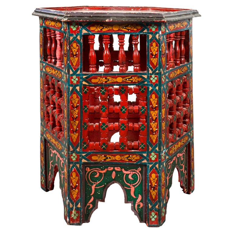 Moroccan Hand Painted Hexagonal Wooden Side Table For Sale at 1stDibs