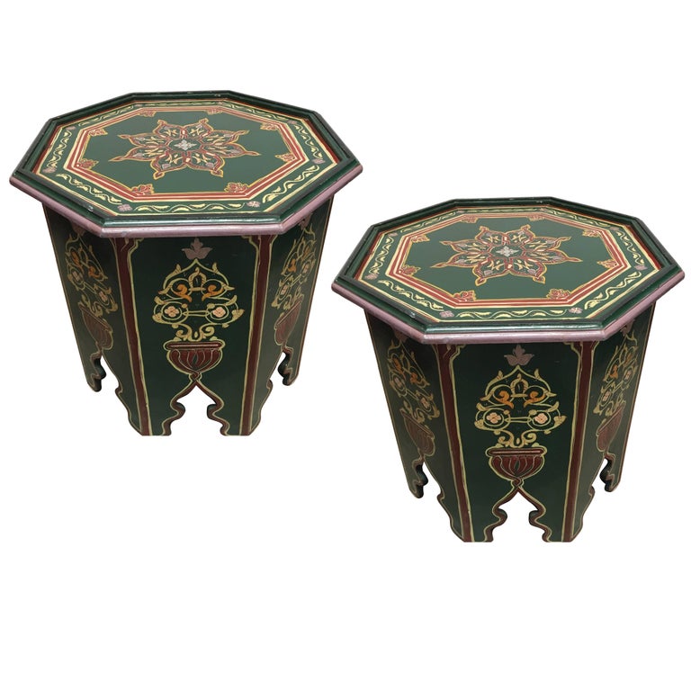 Moroccan Hand-Painted Wood Octagonal Side Table with Green Moorish ...