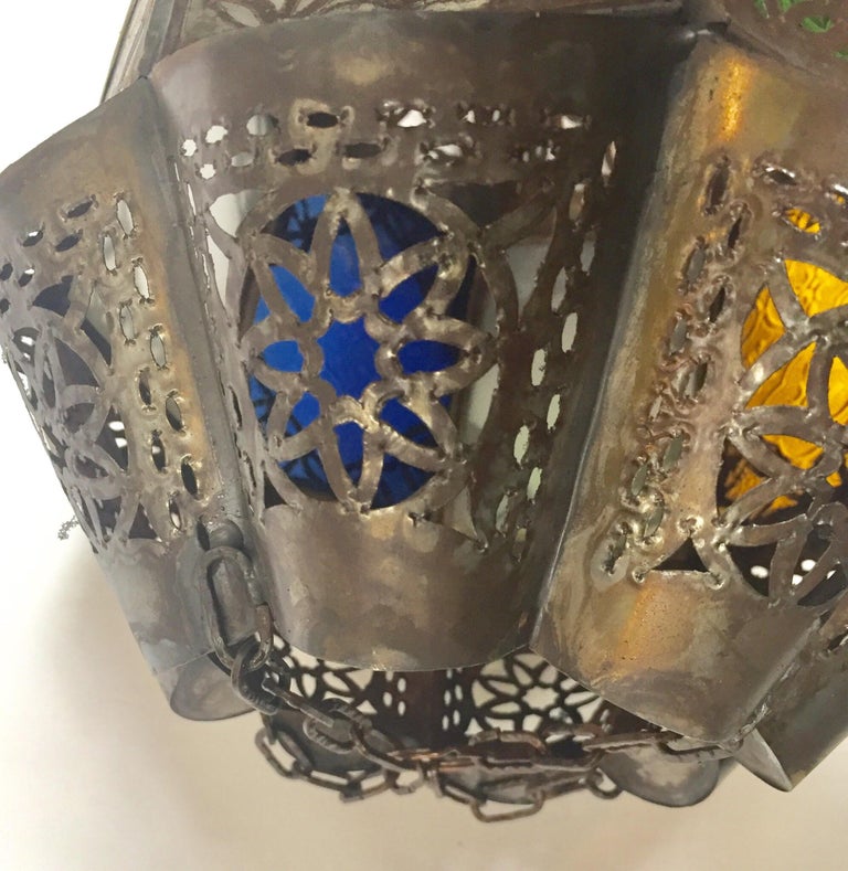 Moroccan Handcrafted Moorish Metal and Glass Lantern For Sale at 1stDibs