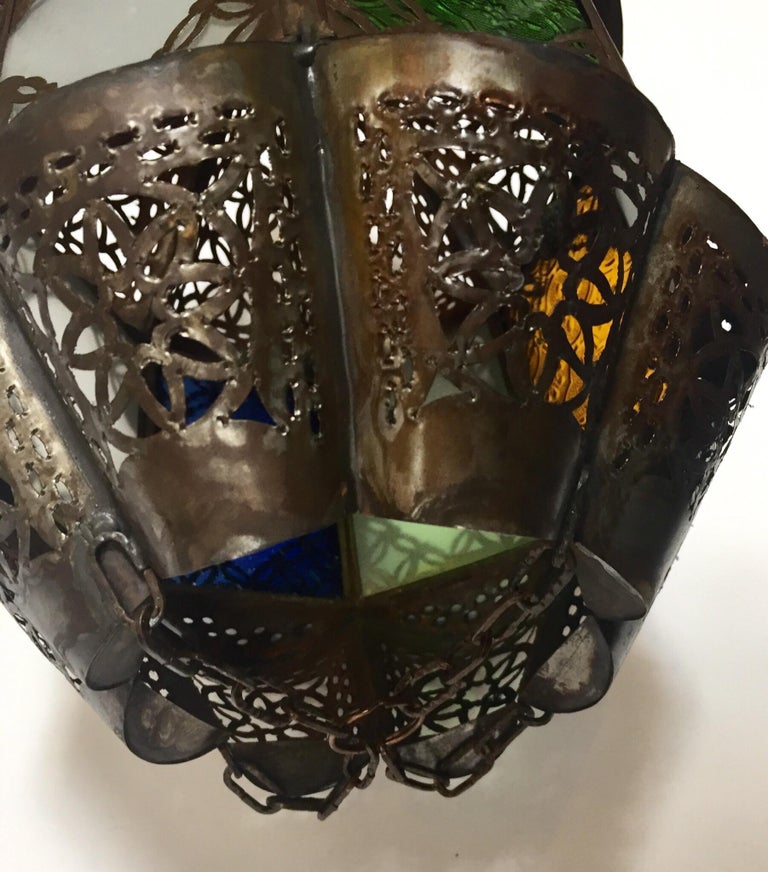 Moroccan Handcrafted Moorish Metal and Glass Lantern For Sale at 1stDibs