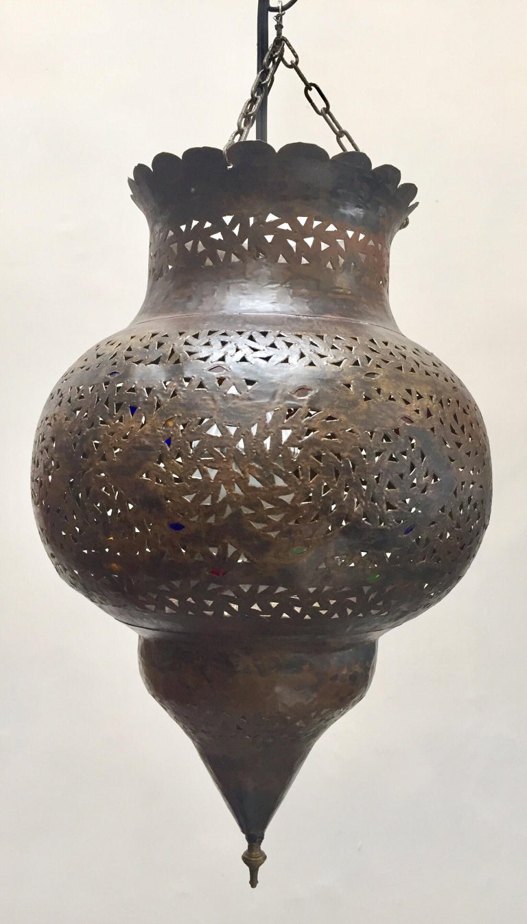 Moroccan Handcrafted Moorish Bronze Pendant Lantern with Multi-Color ...