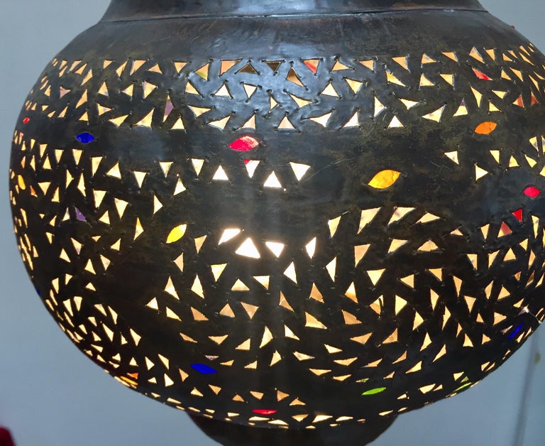 Moroccan Handcrafted Moorish Bronze Pendant Lantern with Multi-Color ...