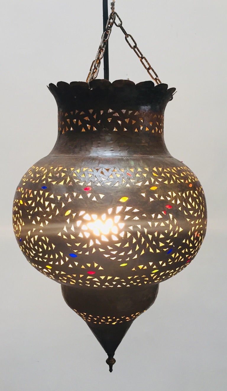 Moroccan Handcrafted Moorish Bronze Pendant Lantern with Multi-Color ...