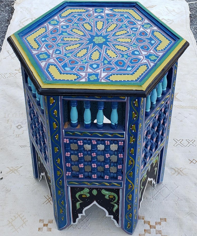 Moroccan Hexagonal Wooden End Table, Hand Painted 10 For Sale at 1stDibs