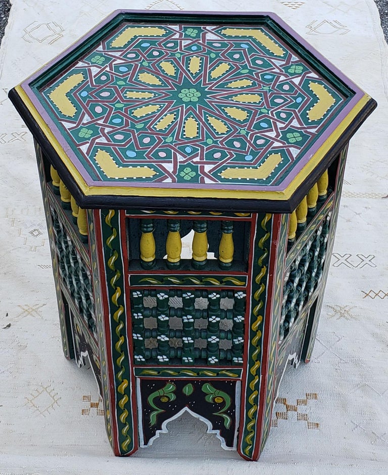 Moroccan Hexagonal Wooden End Table, Hand Painted 13 For Sale at 1stDibs