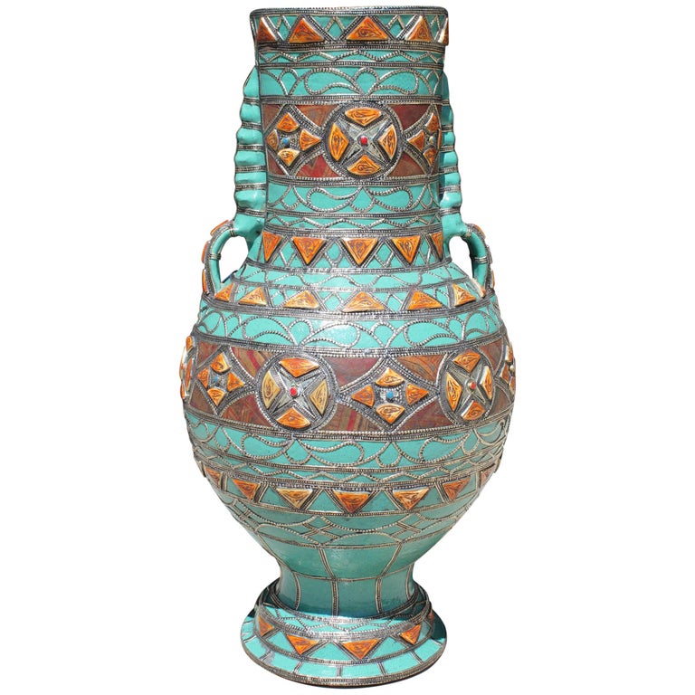 Moroccan Inlay Highly Decorated Ceramic Vase, with Metal and Bone For ...