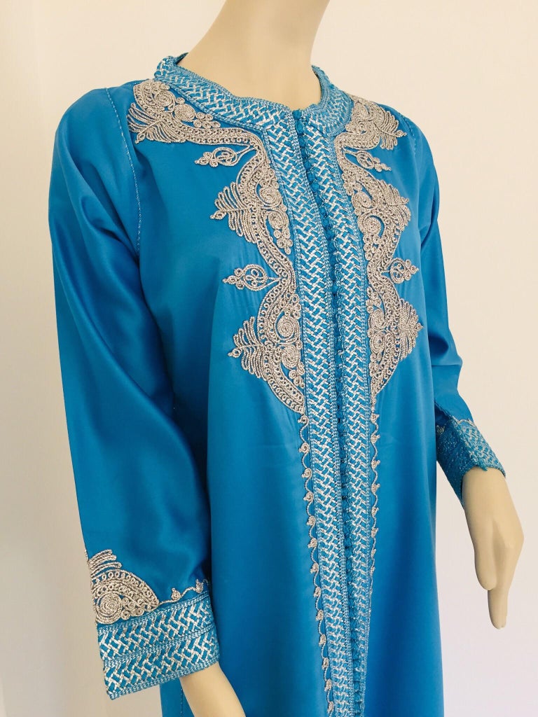 Moroccan Kaftan in Turquoise Blue and Silver For Sale at 1stDibs