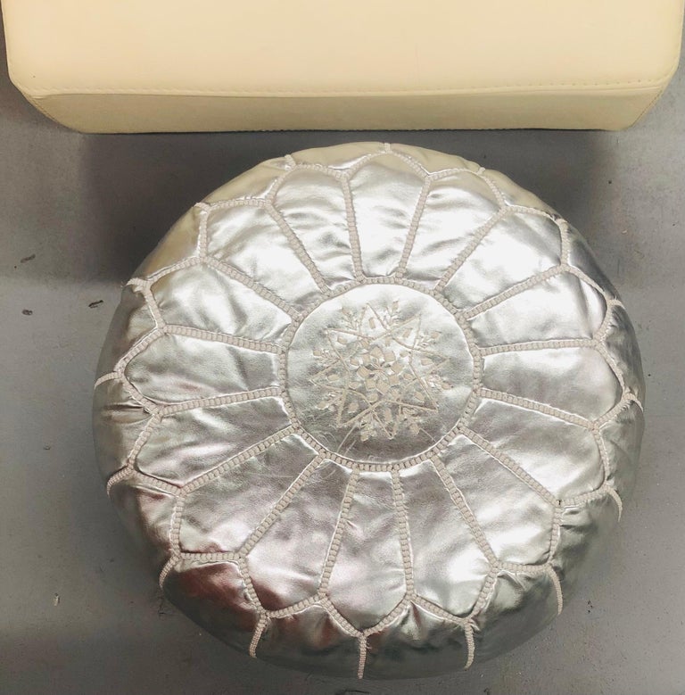 Moroccan Leather Hand Stitched Silver Pouf or Ottoman at 1stDibs ...