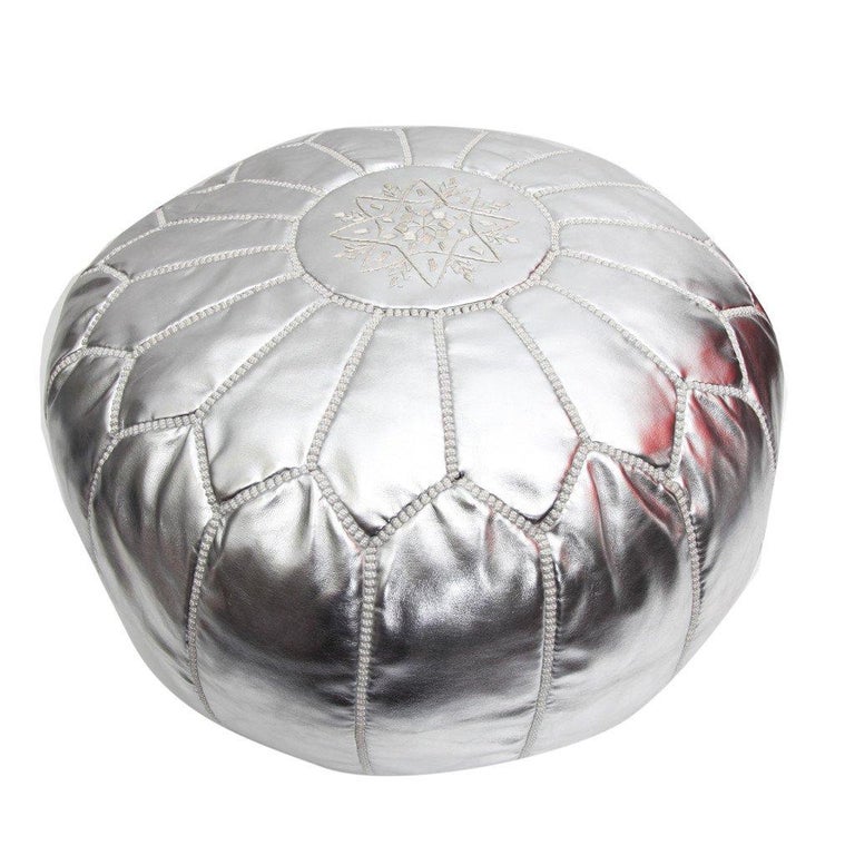 Moroccan Leather Hand Stitched Silver Pouf or Ottoman at 1stDibs ...