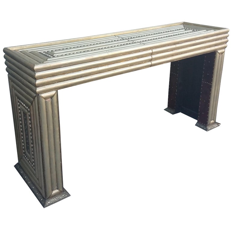 Moroccan Metal Inlay Console Table Cedar Wood Frame For Sale at 1stDibs