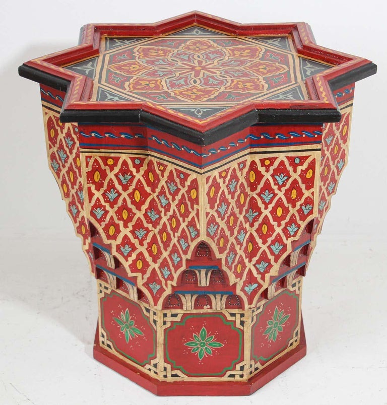 Moroccan Moorish Hand Painted Red Wood Side Table For Sale at 1stDibs