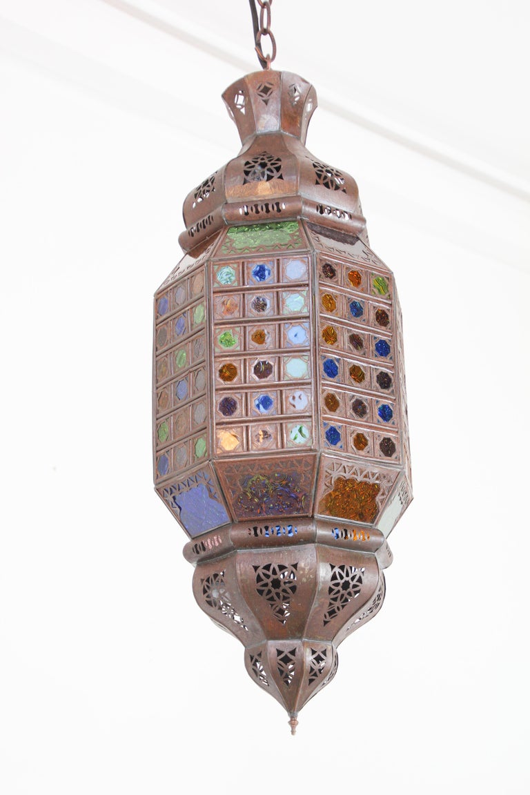 Moroccan Moorish Metal Lantern with Multi-Color Glass For Sale at 1stDibs