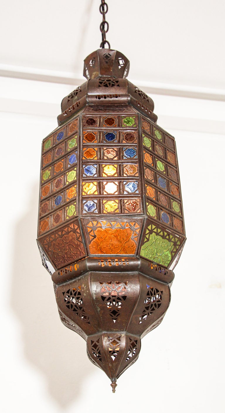 Moroccan Moorish Metal Light Fixture with Stained Glass For Sale at 1stDibs