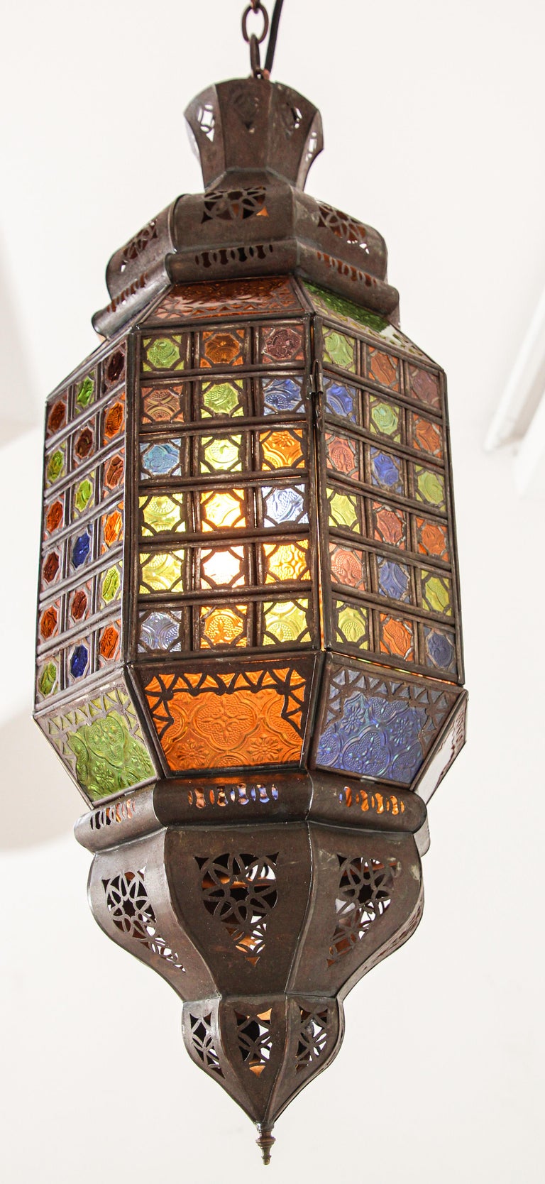 Moroccan Moorish Metal Light Fixture with Stained Glass For Sale at 1stDibs