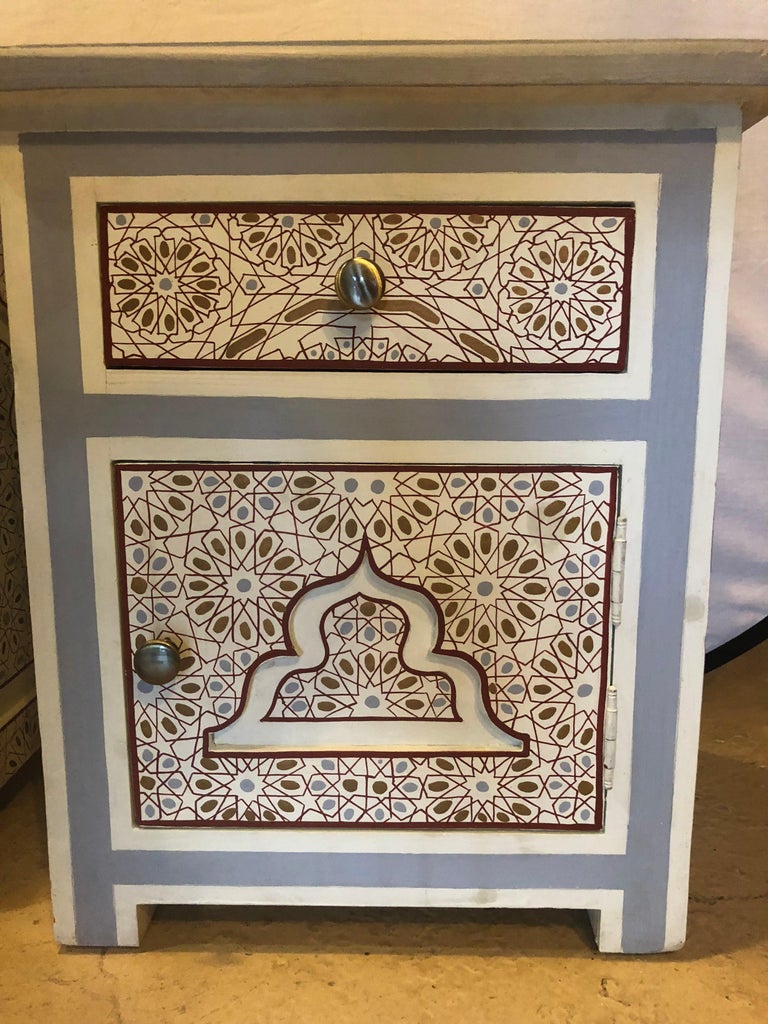 Moroccan Nightstand or End Table Hand Painted White, Blue and Burgundy ...